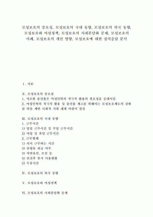 [모성보호]모성보호의 중요성, 모성보호의 국내 동향, 모성보호의 외국 동향, 모성보호와 여성정책, 모성보호의 사회분담화 문제, 모성보호의 사례, 모성보호의 개선 방향, 모성보호에 대한 질의응답 분석
