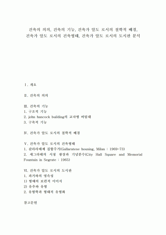 [건축][건축가 알도 로시][건축 기능][건축가 알도 로시 건축형태][건축가 알도 로시 도시관]건축의 의의, 건축의 기능, 건축가 알도 로시의 철학적 배경, 건축가 알도 로시의 건축형태, 건축가 알도 로시의 도시관