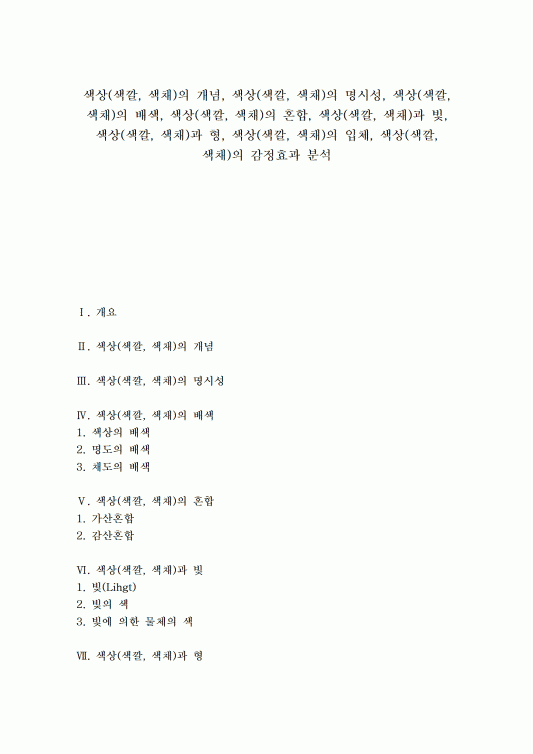 색상(색깔, 색채)의 개념, 색상(색깔, 색채)의 명시성, 색상(색깔, 색채)의 배색, 색상(색깔, 색채)의 혼합, 색상(색깔, 색채)과 빛, 색상(색깔, 색채)과 형, 색상(색깔, 색채)의 입체, 색상(색깔, 색채)의 감정효과