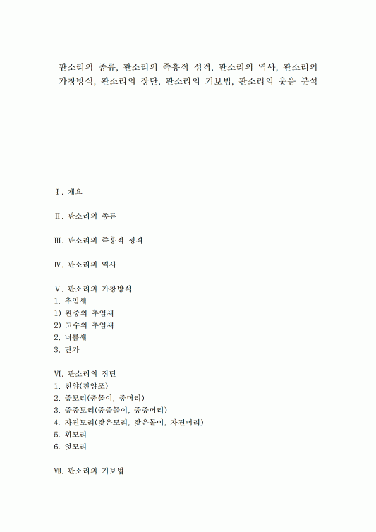 [판소리][판소리의 가창방식][판소리의 장단][판소리의 기보법][판소리의 웃음]판소리의 종류, 판소리의 즉흥적 성격, 판소리의 역사, 판소리의 가창방식, 판소리의 장단, 판소리의 기보법, 판소리의 웃음 분석