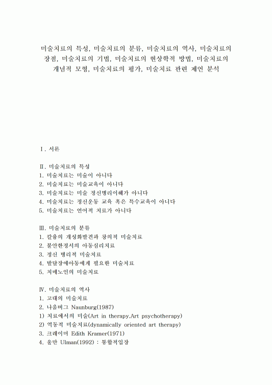 [미술치료][미술치료기법]미술치료의 특성, 미술치료의 분류, 미술치료의 역사, 미술치료의 장점, 미술치료의 기법, 미술치료의 현상학적 방법, 미술치료의 개념적 모형, 미술치료의 평가, 미술치료 관련 제언 분석
