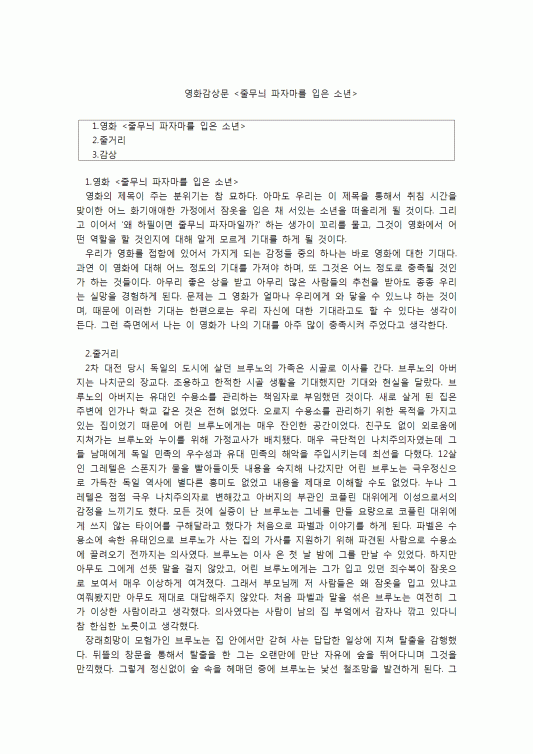 영화감상문 -<줄무늬 파자마를 입은 소년>