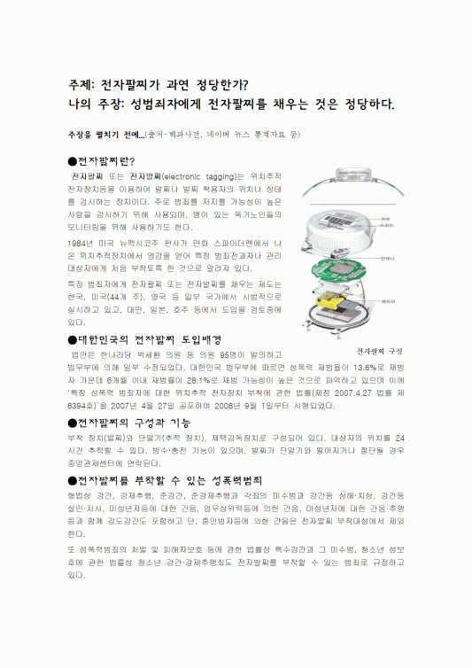 주제: 전자팔찌가 과연 정당한가? 나의 주장: 성범죄자에게 전자팔찌를 채우는 것은 정당하다.
