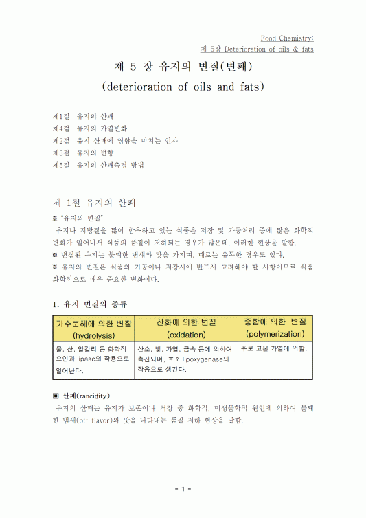 제5장 유지의 변질(변패) (deterioration of oils and fats)