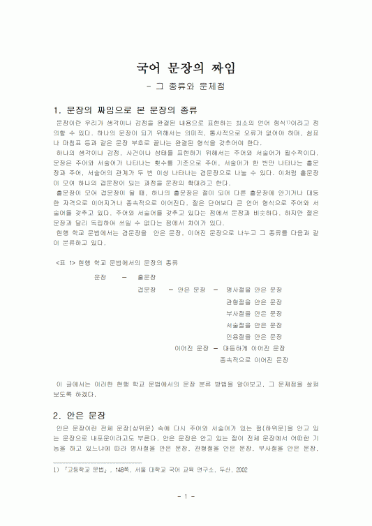 국어 문장의 짜임 - 그 종류와 문제점