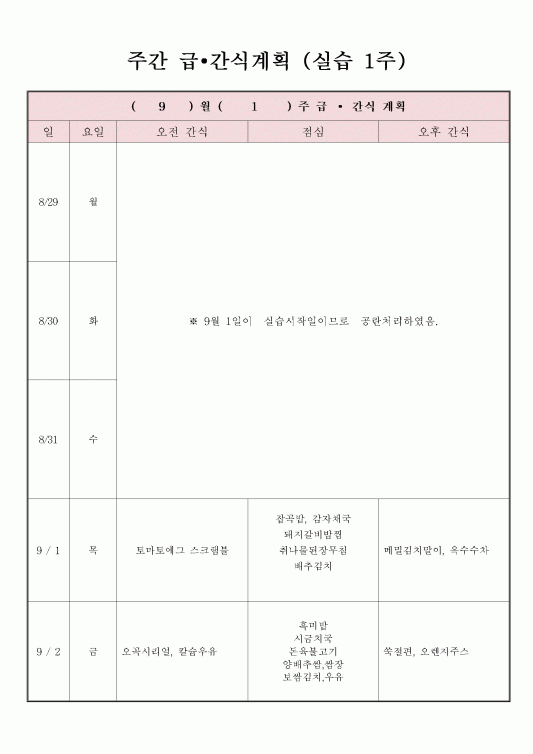 주간 급식 간식계획