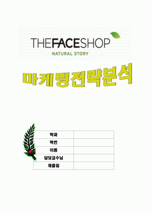 더페이스샵(the face shop) 마케팅 전략분석/화장품시장현황/ 기업소개.성공요인분석/ 경쟁사분석 (더바디샵과 미샤)/ STP전략/ SWOT분석/ 4P분석/ 결론