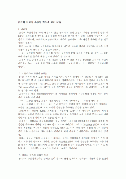 한국소설의 이론, 자아와 세계의 소설적 대결에 관한 시론