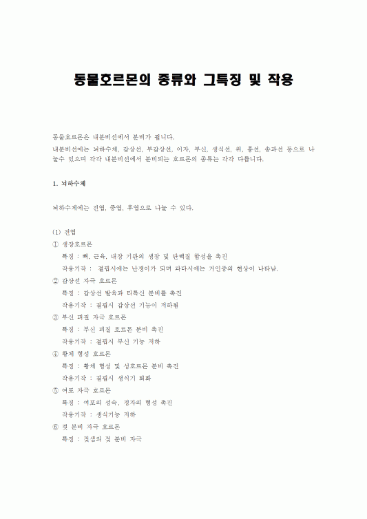 동물호르몬의 종류와 그특징 및 작용