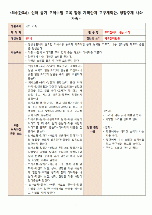 5세(만3세), 언어 듣기 모의수업 교육 활동 계획안, 교구계획안, 생활주제, 나와 가족