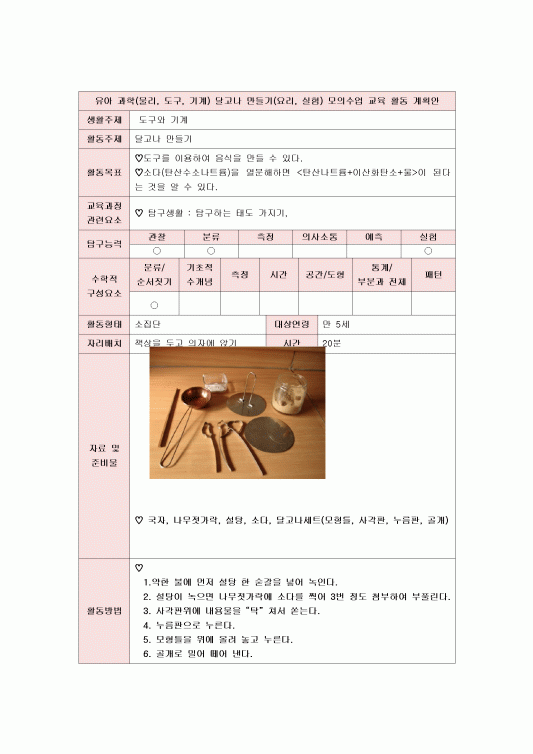 유아 과학(물리, 도구, 기계) 달고나 만들기(요리, 실험) 모의수업 교육 활동 계획안 (만5세)