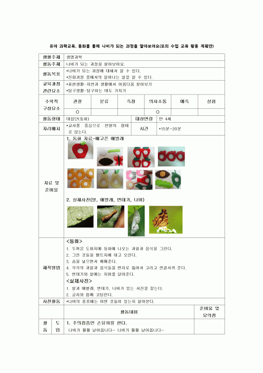 유아 과학교육, 동화를 통해 나비가 되는 과정을 알아보아요(모의 수업 교육 활동 계획안) (만4세) - 생명과학
