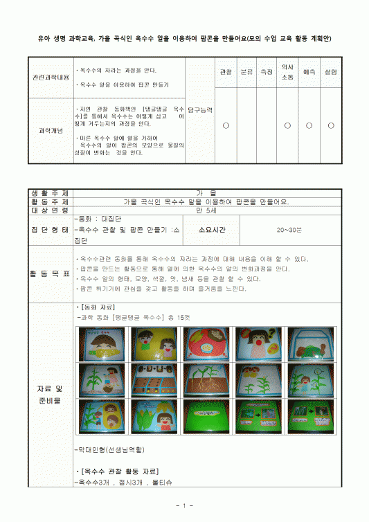 유아 생명 과학교육, 가을 곡식인 옥수수 알을 이용하여 팝콘을 만들어요(모의 수업 교육 활동 계획안) (만 5세)