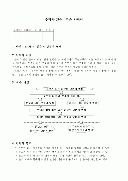 5학년) 수학 <수학과 교수․학습 과정안> - 5-가-5. 분수의 덧셈과 뺄셈 : 받아내림이 없는 진분수의 뺄셈