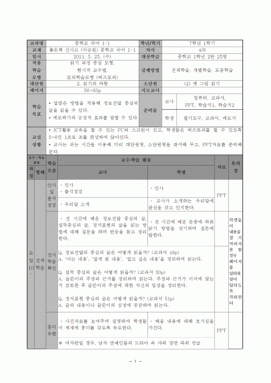 중1) 국어 <옛그림 읽기 교안> - 2. 읽기의 바탕 : (2) 옛 그림 읽기