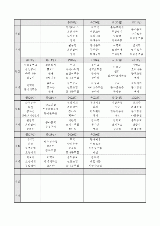 식단표 실례(5개월치실제식단,가정,회사,단체)