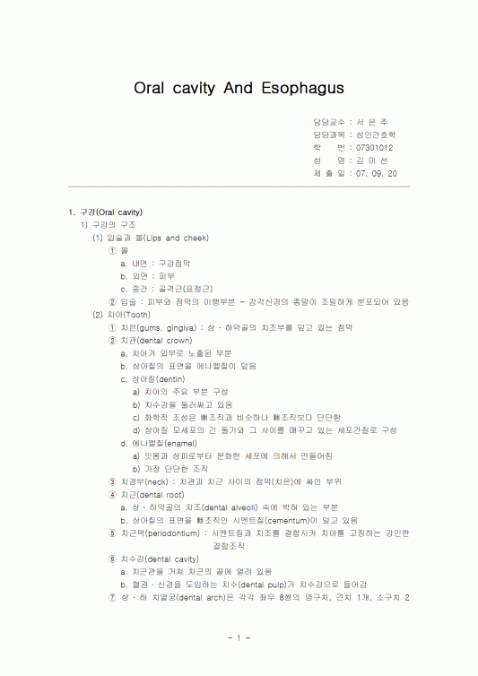 성인간호학 - 구강과 식도의 구조와 기능