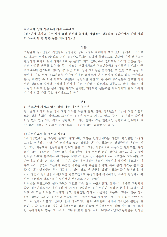 청소년이 가지고 있는 성에 대한 의식과 문제점, 바람직한 성문화를 정착시키기 위해 사회가 나아가야 할 방향 등을 제시