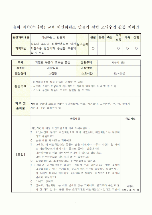 유아 과학(수과학) 교육 이산화탄소 만들기 실험 모의수업 활동 계획안