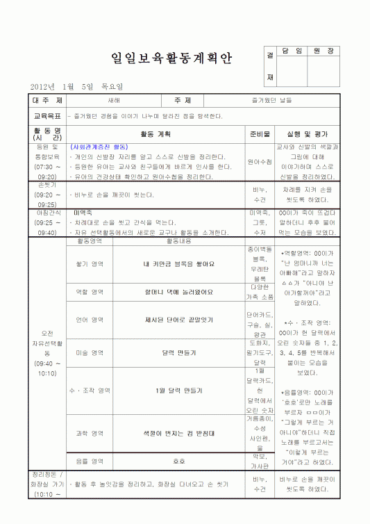 만3세 평가인증 일지 2012년 1월 5일 목요일