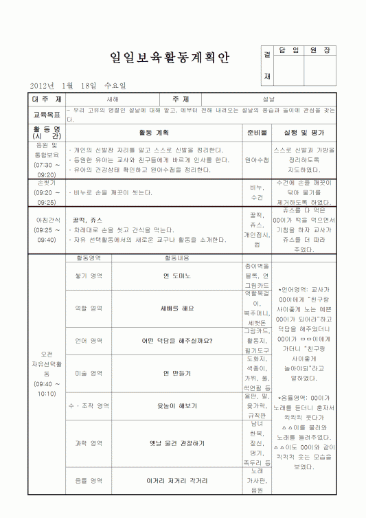 만3세 평가인증 일지 2012년 1월 18일 수요일