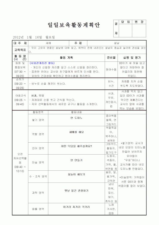 만3세 평가인증 일지 2012년 1월 16일 월요일