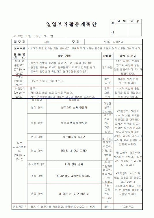 만3세 평가인증 일지 2012년 1월 10일 화요일