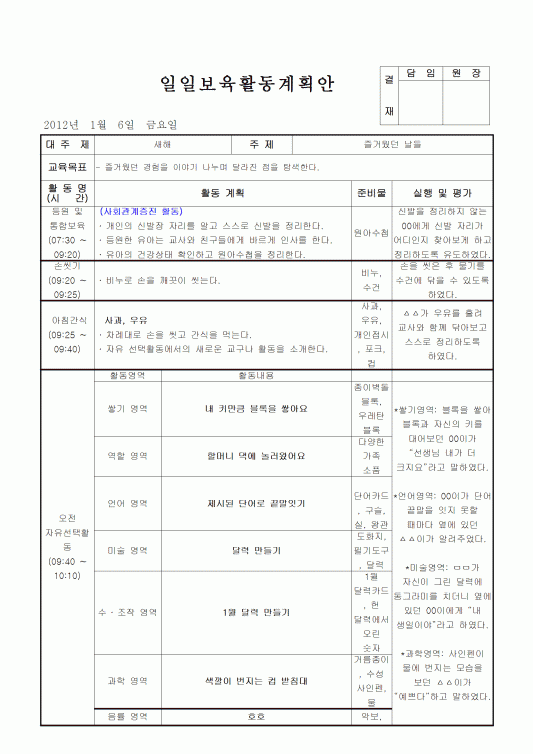 만3세 평가인증 일지 2012년 1월 6일 금요일