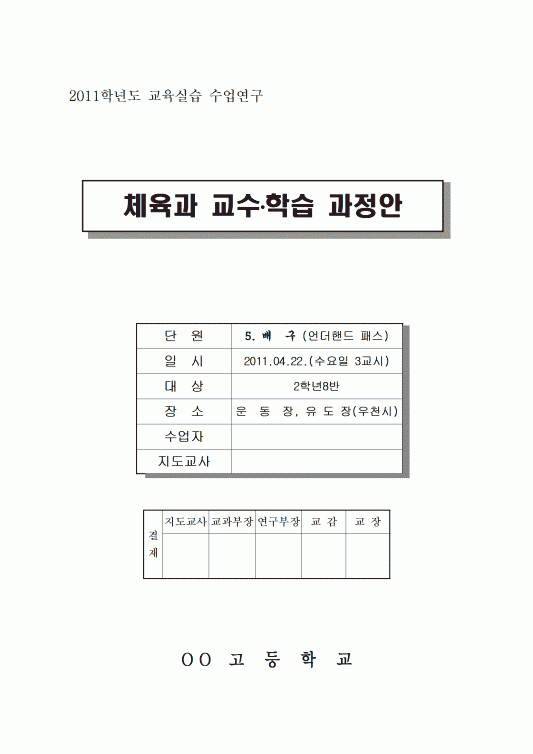 배구 수업과정안, 학습지도안(우천시도 포함)