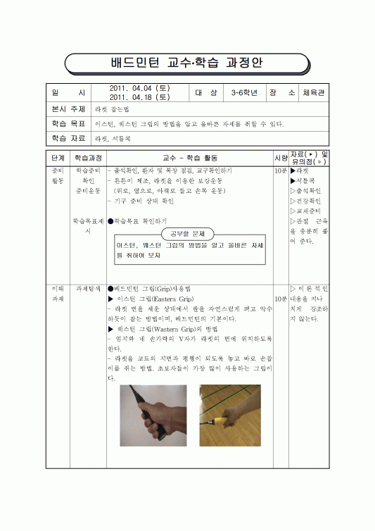 배드민턴 수업지도안, 교수 학습 과정안