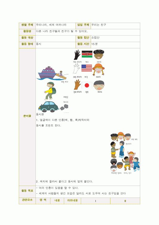 우리나라, 세계 여러 나라 주제 모의수업 교육 활동 계획안 총 5개, 동시, 이야기 나누기, 게임, 요리, 신체표현(동작교육)