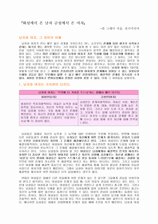 [사회과학] 화성에서 온 남자 금성에서 온 여자 레포트 서평