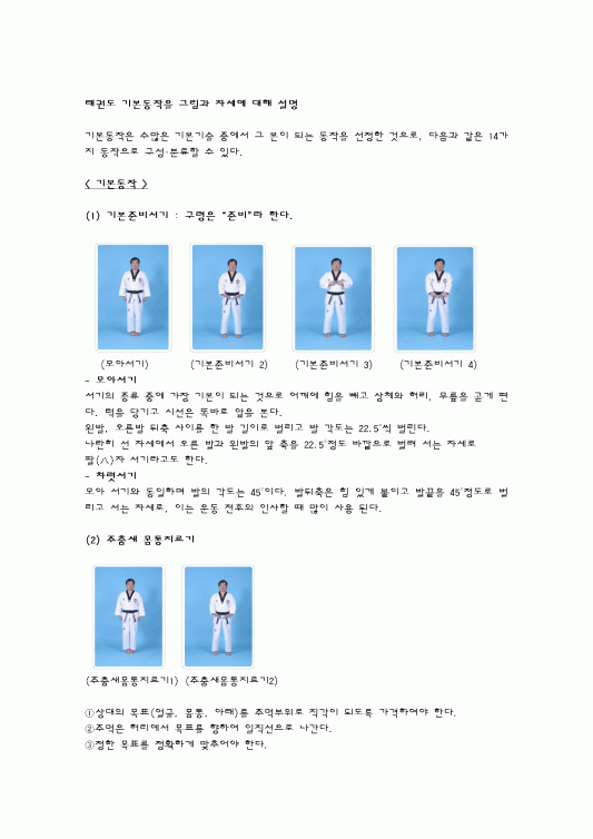 태권도 기본 동작을 사진이나 그림을 통해 자세히 설명