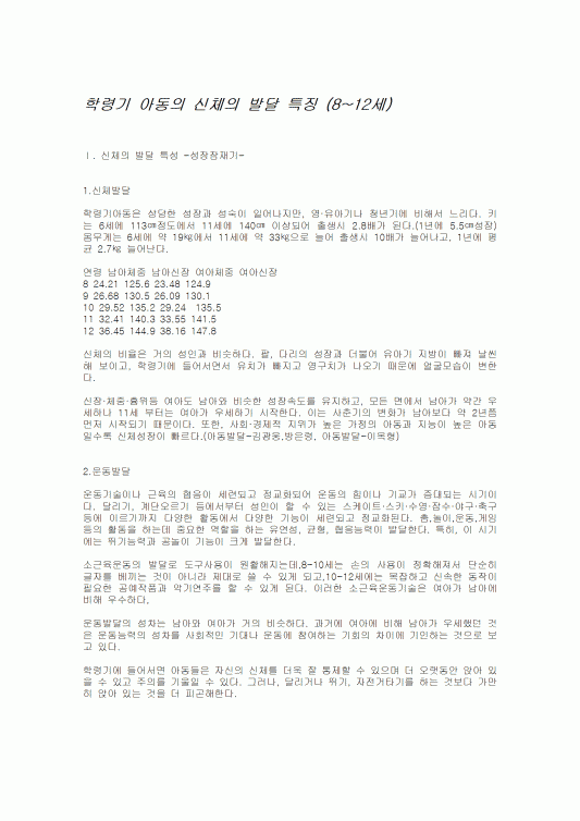 학령기 아동의 신체의 발달 특징 (8~12세)
