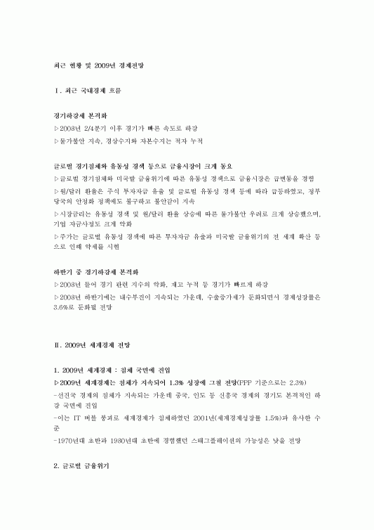최근 현황 및 2009년 경제전망