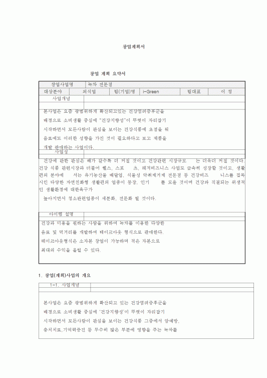 창업계획서 (녹차 전문점)