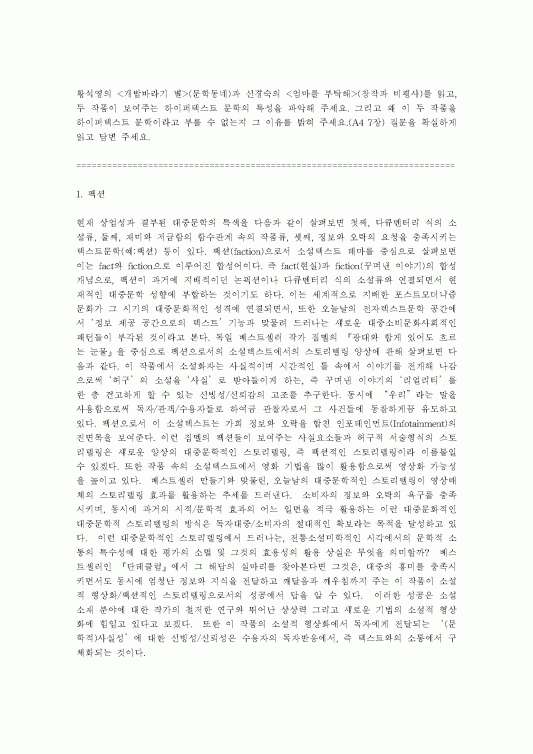 황석영의 <개밥바라기 별>(문학동네)과 신경숙의 <엄마를 부탁해>(창작과 비평사)를 읽고, 두 작품이 보여주는 하이퍼텍스트 문학의 특성을 파악하라. 그리고 왜 이 두 작품을 하이퍼텍스트 문학이라고 부를 수 없는지 그 이유를 밝혀라