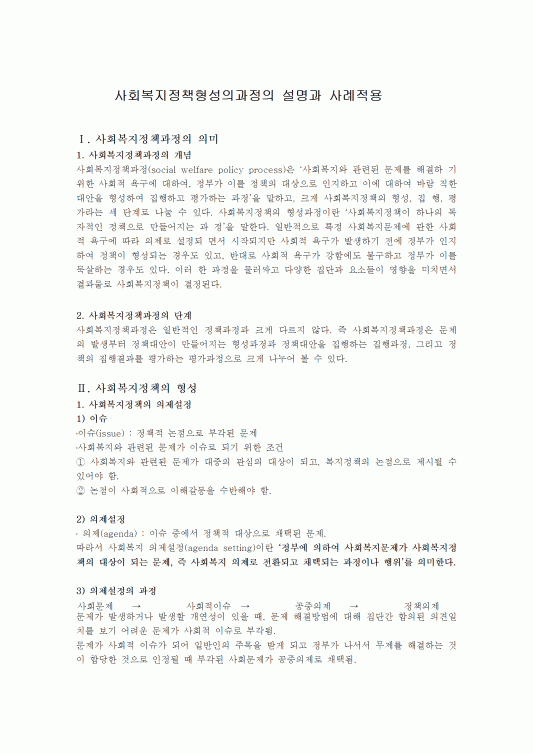 사회복지정책형성의과정의 설명과 사례적용