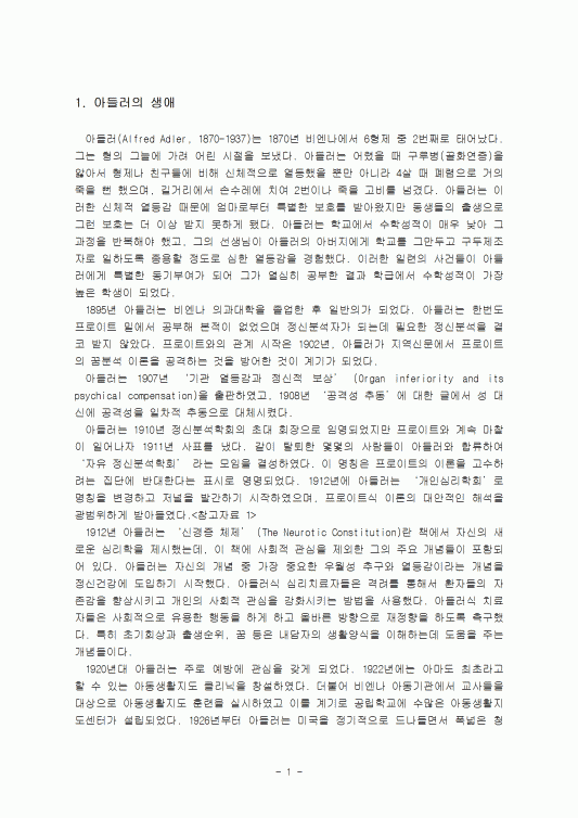 아들러의 개인심리학의 주요개념인 생활양식, 인생과제, 허구적 최종목적록, 열등감, 우월성 추구, 가족구도 및 출생순위
