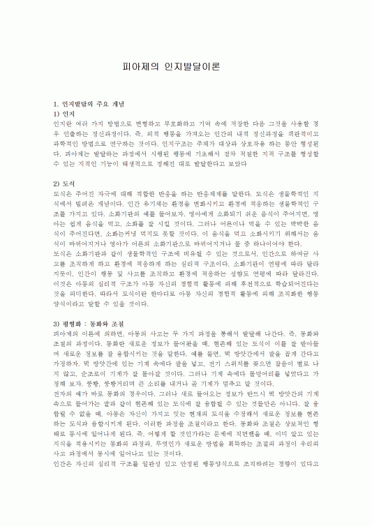 [사회과학] 피아제의 인지발달이론에 대하여 실제 삶에서 나타나는 예시들을 적용하여 상세하게 설명한 자료입니다
