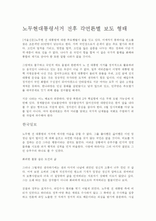 노무현대통령서거 전후 각언론별 보도 형태