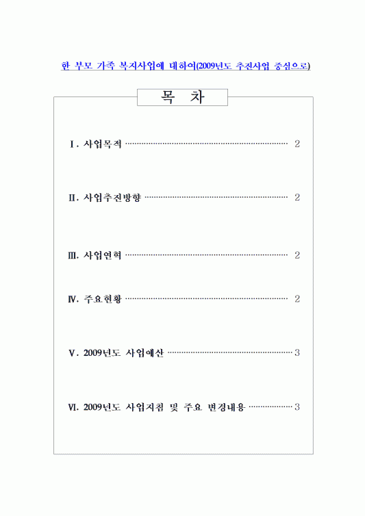 한 부모 가족 복지사업에 대하여(2009년도 추진사업 중심으로)