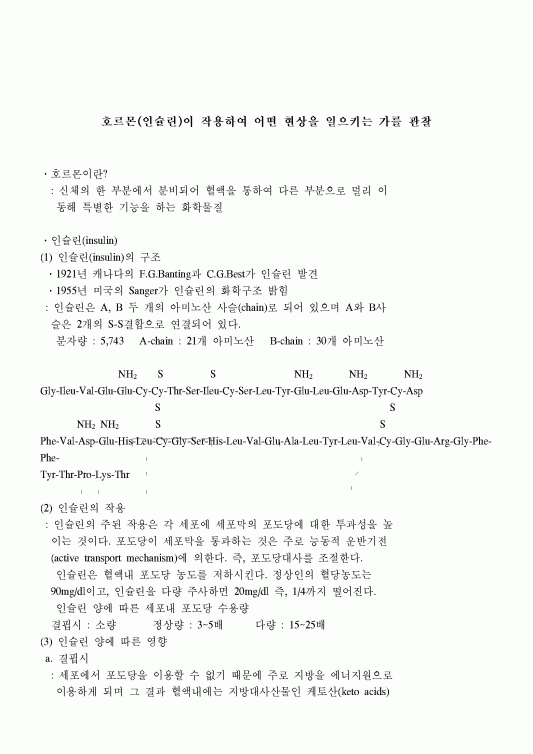 호르몬(인슐린)이 작용하여 어떤 현상을 일으키는 가를 관찰