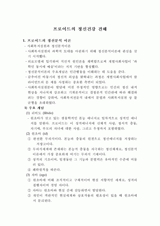 프로이드의 정신건강 견해 정신분석 이론