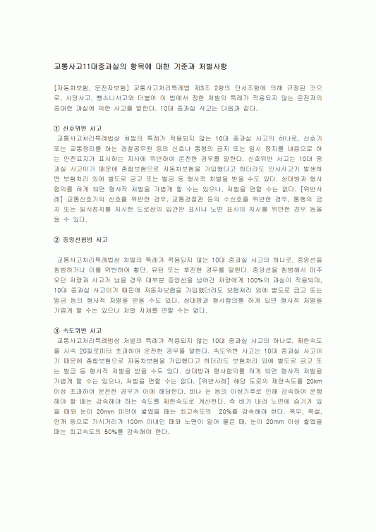 교통사고11대중과실의 항목에대한기준과처벌사항