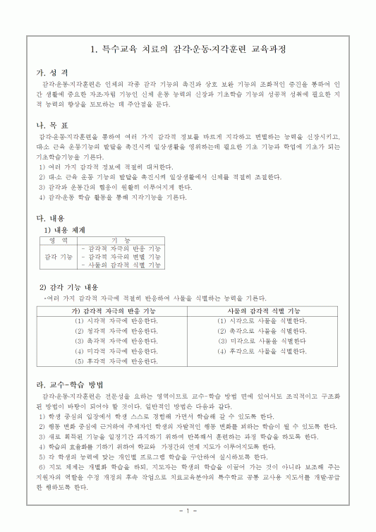 특수 치료교육 감각, 운동, 지각훈련 요약본(교육청 특수학교 치료교육 지도사 교재바탕 작성)