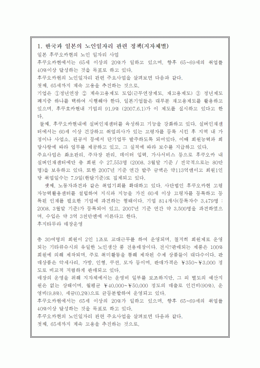 한국과일본의노인일자리정책(양국의 지자체별 정책, 양국간 노인일자리 정책), 미래의 사회에 대한 대비책, 한국과 일본의 고령화사회 통계(2009년 OCED 통계연보)