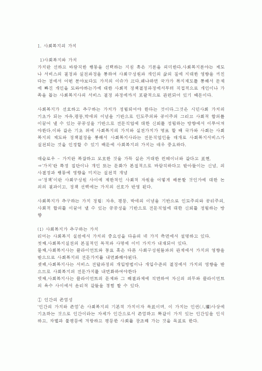 사회복지가 추구하는 가장 중요한 가치와 그 가치인자의 설명(미리보기 확인요^^)