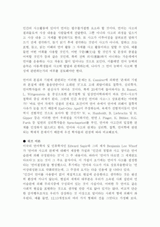 (언어지도) 언어와 사고의 관계 - 학자들의 이론