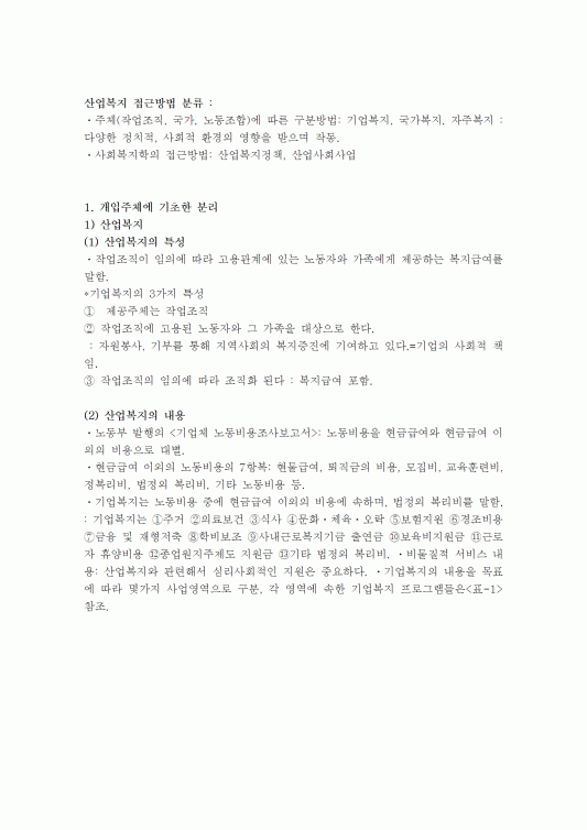 산업복지, 국가복지, 자주복지의 비교(각 복지의 접근방식에 의한 분류비교)